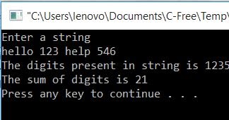 All C Programs: Program 93:To print sum of digits in string