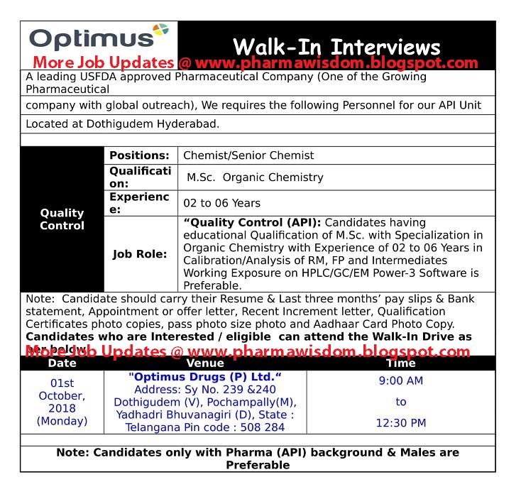 Optimus Drugs Pvt. Ltd - Walk-In Interviews on 1st October, 2018 for ...