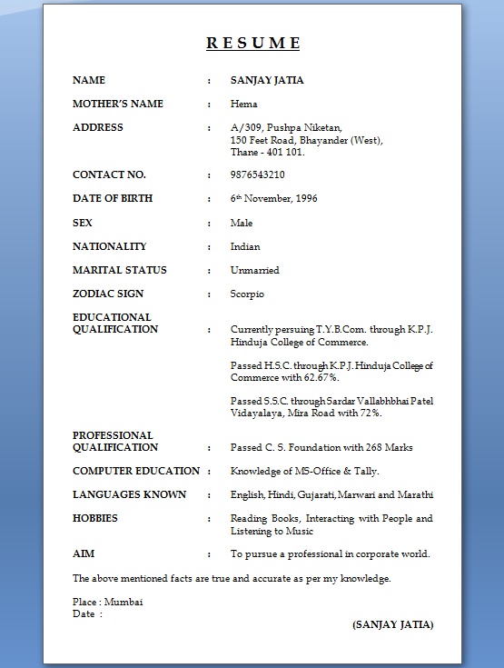 Marriage Biodata Format for Boy in English Free Download in Word Format