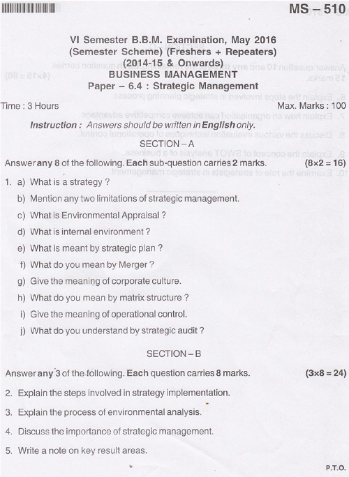 BU BBM Strategic Management May 2016 Question Paper - University ...