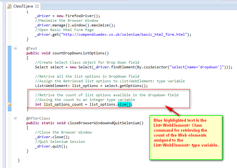 Selenium By Arun 427 Using Size To Retrieve The Count Of List Options Available In The Drop