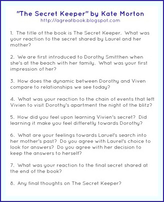 A Great Book: "The Secret Keeper" by Kate Morton with Book Club Questions!