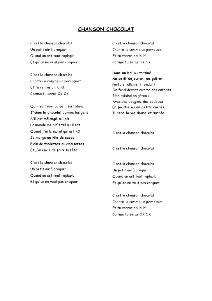 paroles chocolat - France news collections