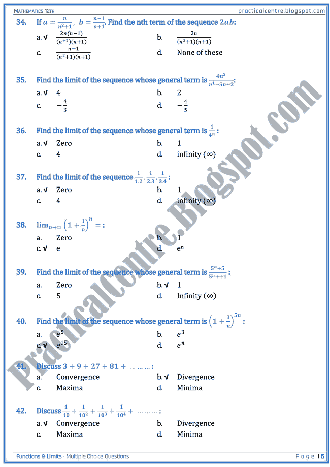 Practical Centre Functions And Limits Mcqs Mathematics Xii
