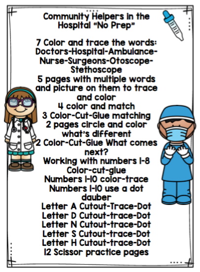 Community Helpers in the Hospital "No Prep" ~ Preschool Printables