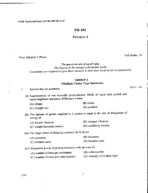 WBUT PH-101 Physics I B.Tech First Year 2014 Question Paper ...