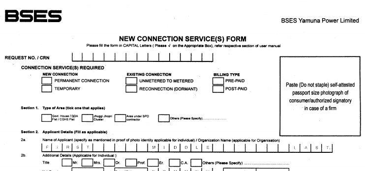 Online Forms Download : BSES BYPL - New Connection Form