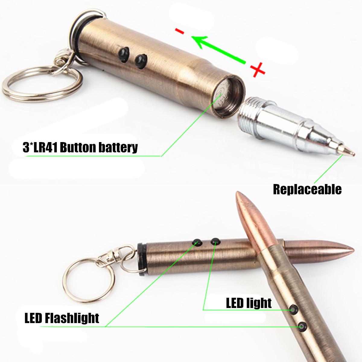 5 in 1 Bullet Keychain White Laser Pointer Light Ball-point Pen LED ...