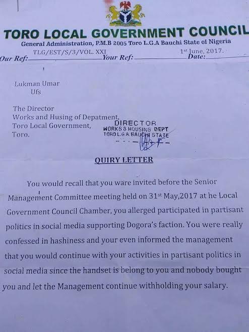 Lol! This query letter issued to a staff of Toro local government ...