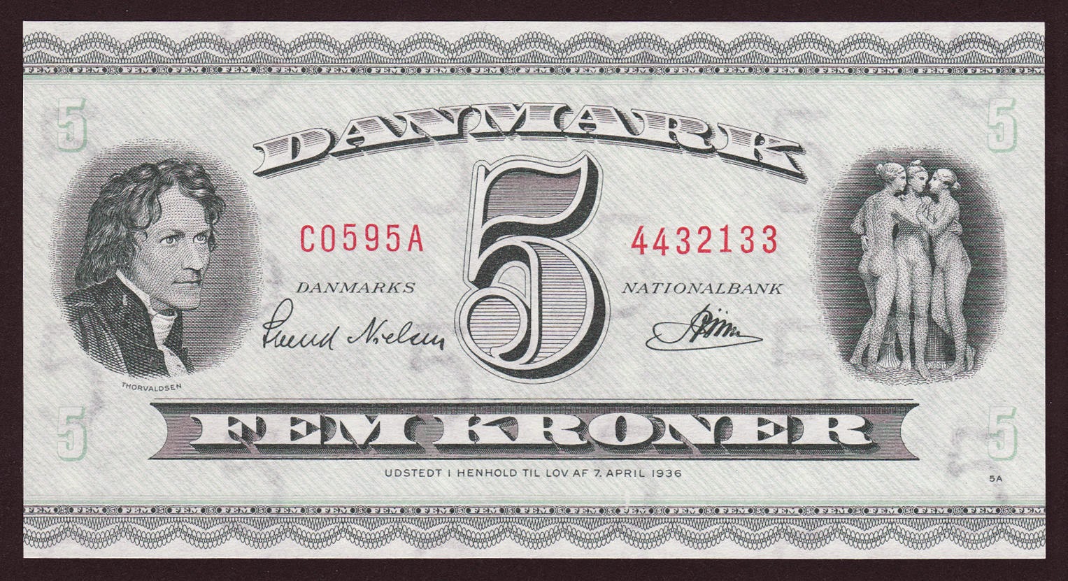 Denmark 5 krone banknote 1936 Albert Bertel Thorvaldsen|World Banknotes ...