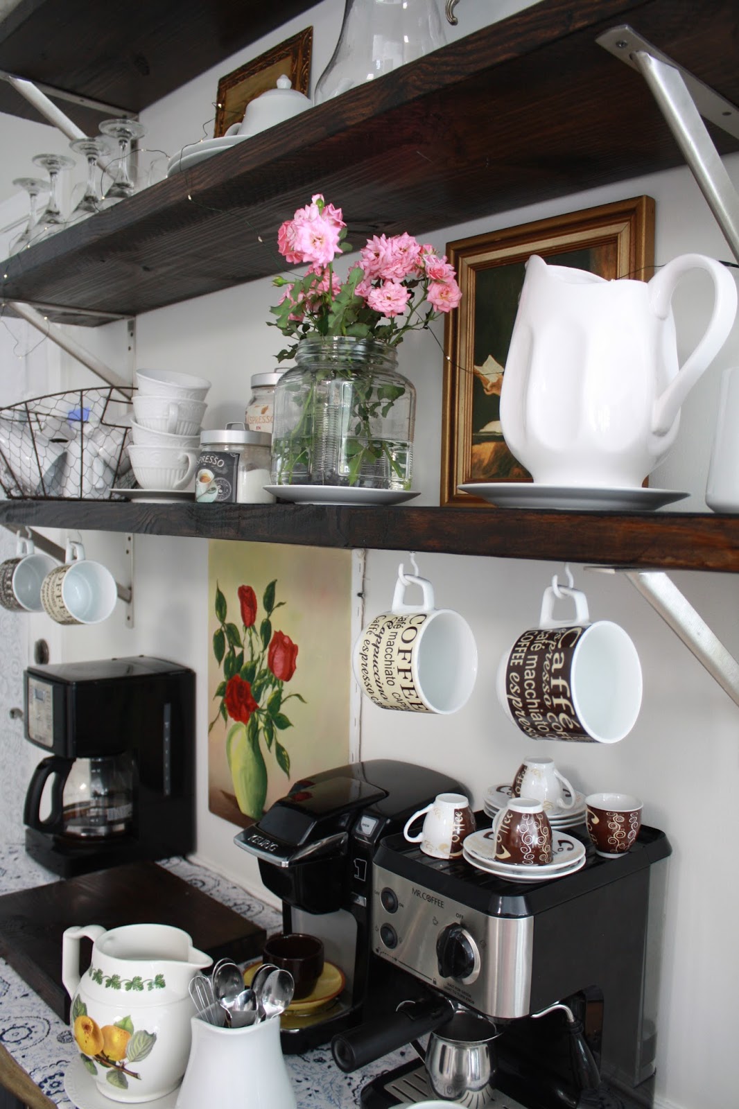 The little white cottage in the woods: Coffee nook and open shelves