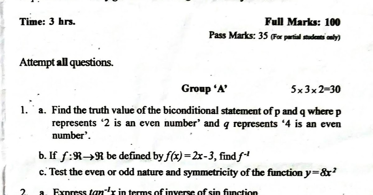NEB Grade 11 Mathematics Question Paper- 2076 - Math Village