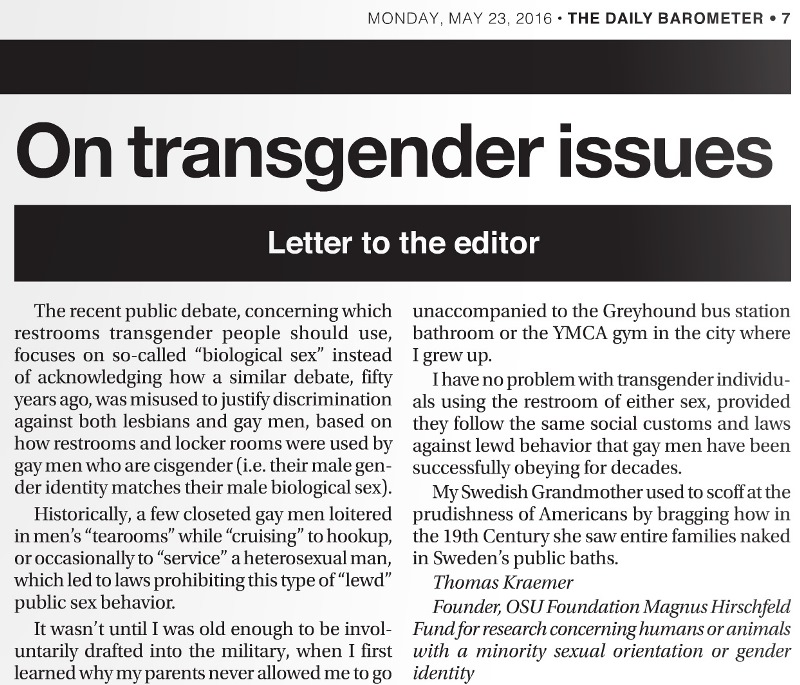 Tom's OSU: Transgender bathroom politics today is similar to anti-gay ...