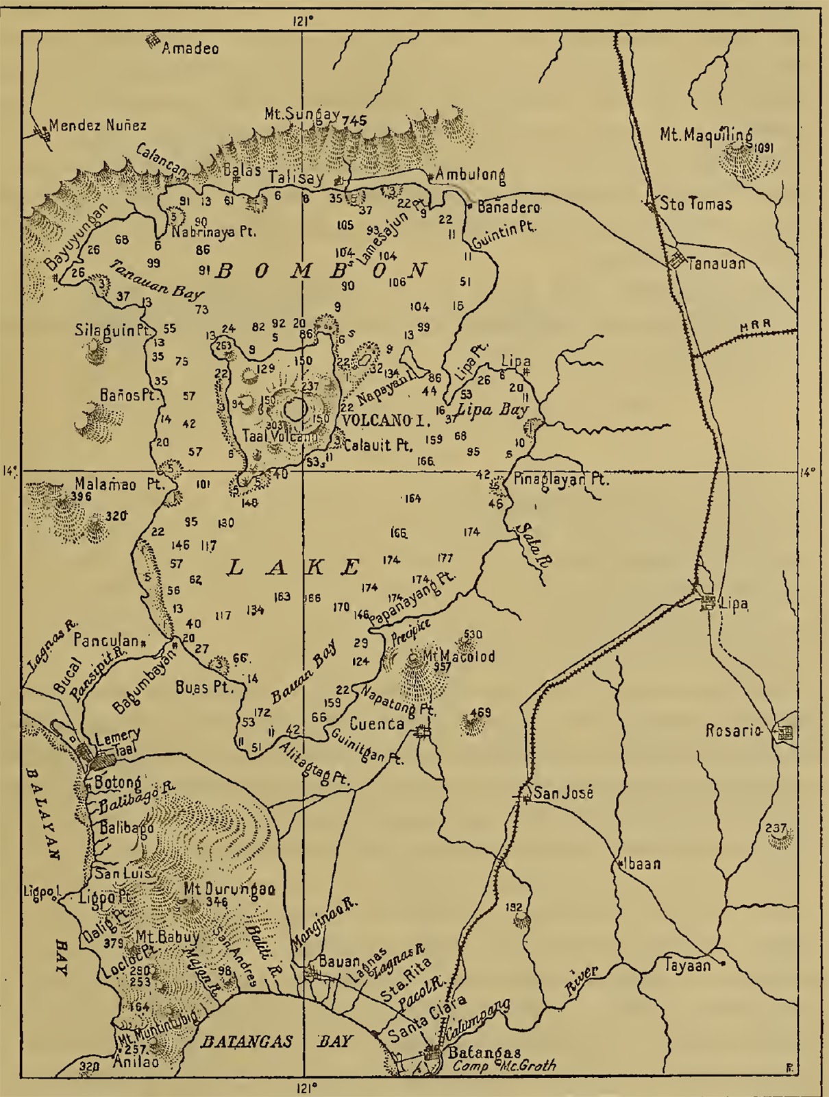 Map of Taal Lake, Volcano and Surrounding Areas, c. 1906 - Batangas ...