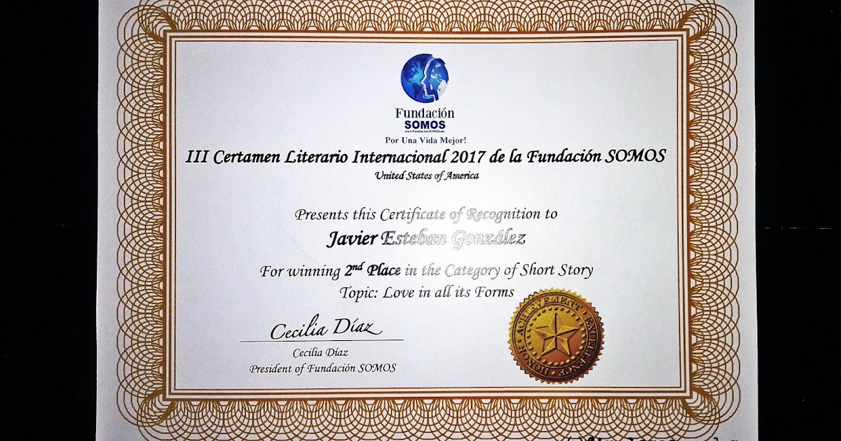Diploma del Premio Literario Internacional SOMOS | Finales Cerrados