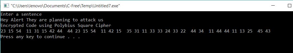 All C Programs: Program 215:Encryption using Polybius Cipher in C
