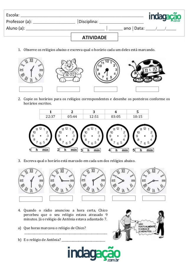 Atividade 5º ano: Hora, minuto e segundo em diferentes relógios - INDAGAÇÃO