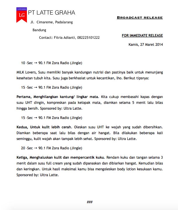 Welcome to My Story Book-blog!: CONTOH BROADCAST RELEASE