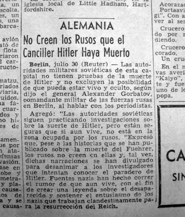 Los Historiadores: PARTE DE ALGUNOS PERIODICOS SOBRE LA MUERTE DE HITLER