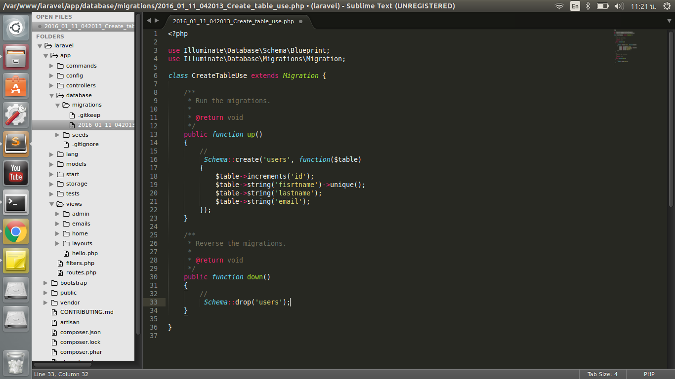 การใช้ Laravel การทำ Migrate Table Database