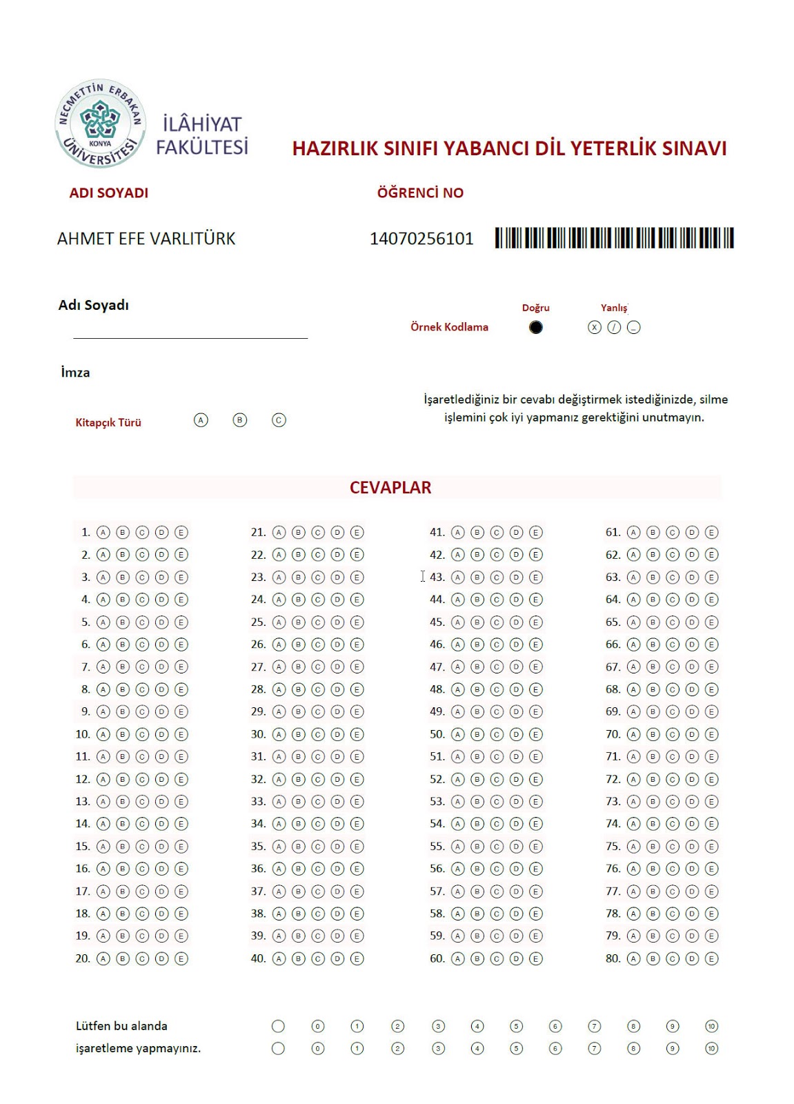 Sınav Anket Oku: Örnek Optik Formlar