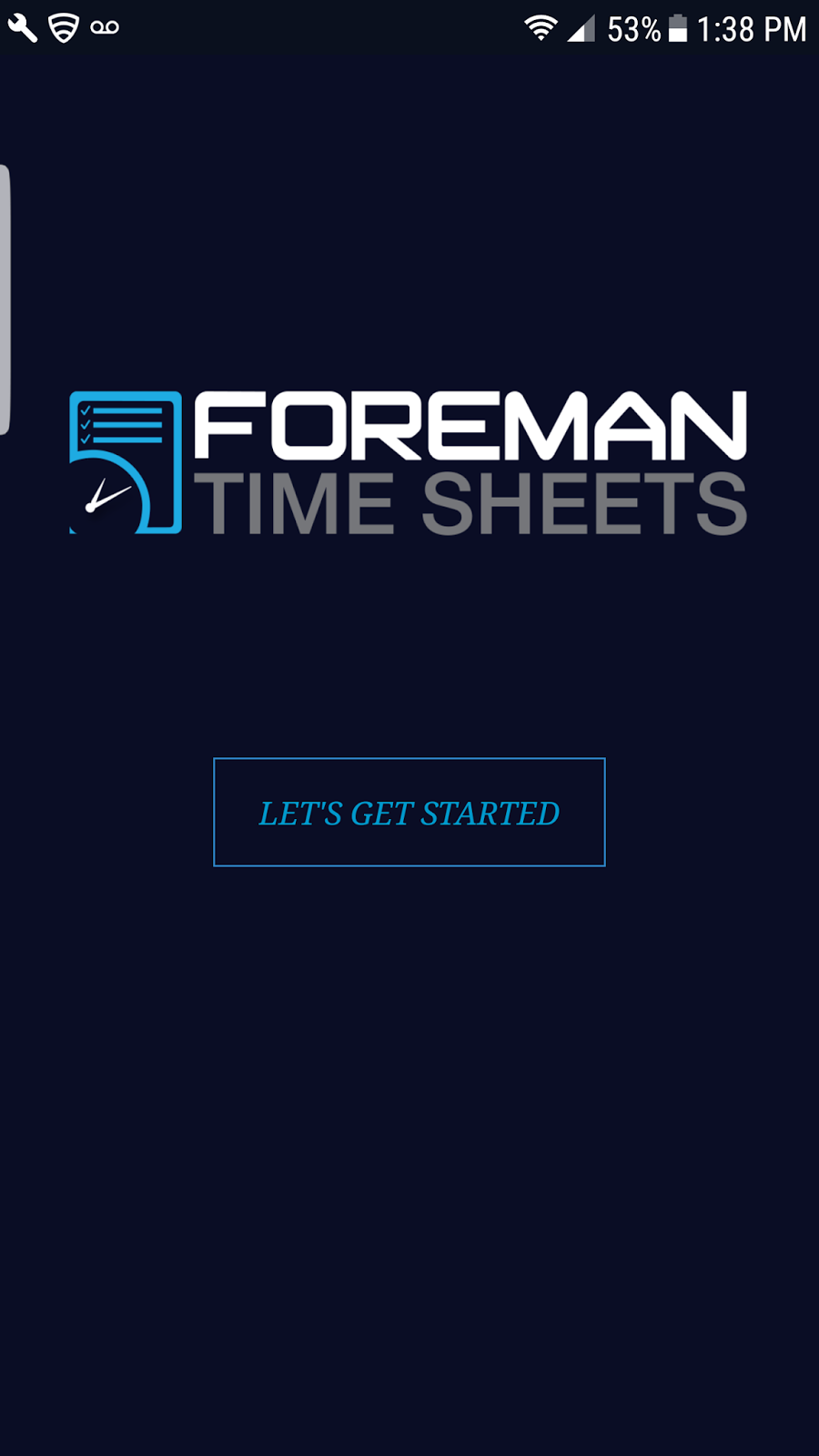 Foreman Time Sheets: App Demonstration Welcome Screen