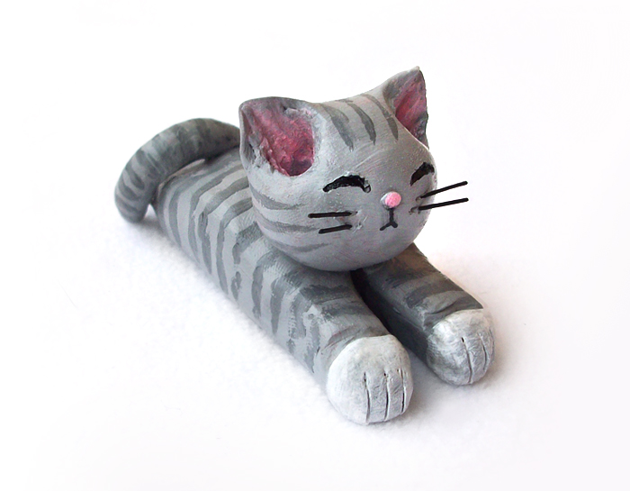 Three Little Cats Shop: Grey Tabby Cat Clay Figurine
