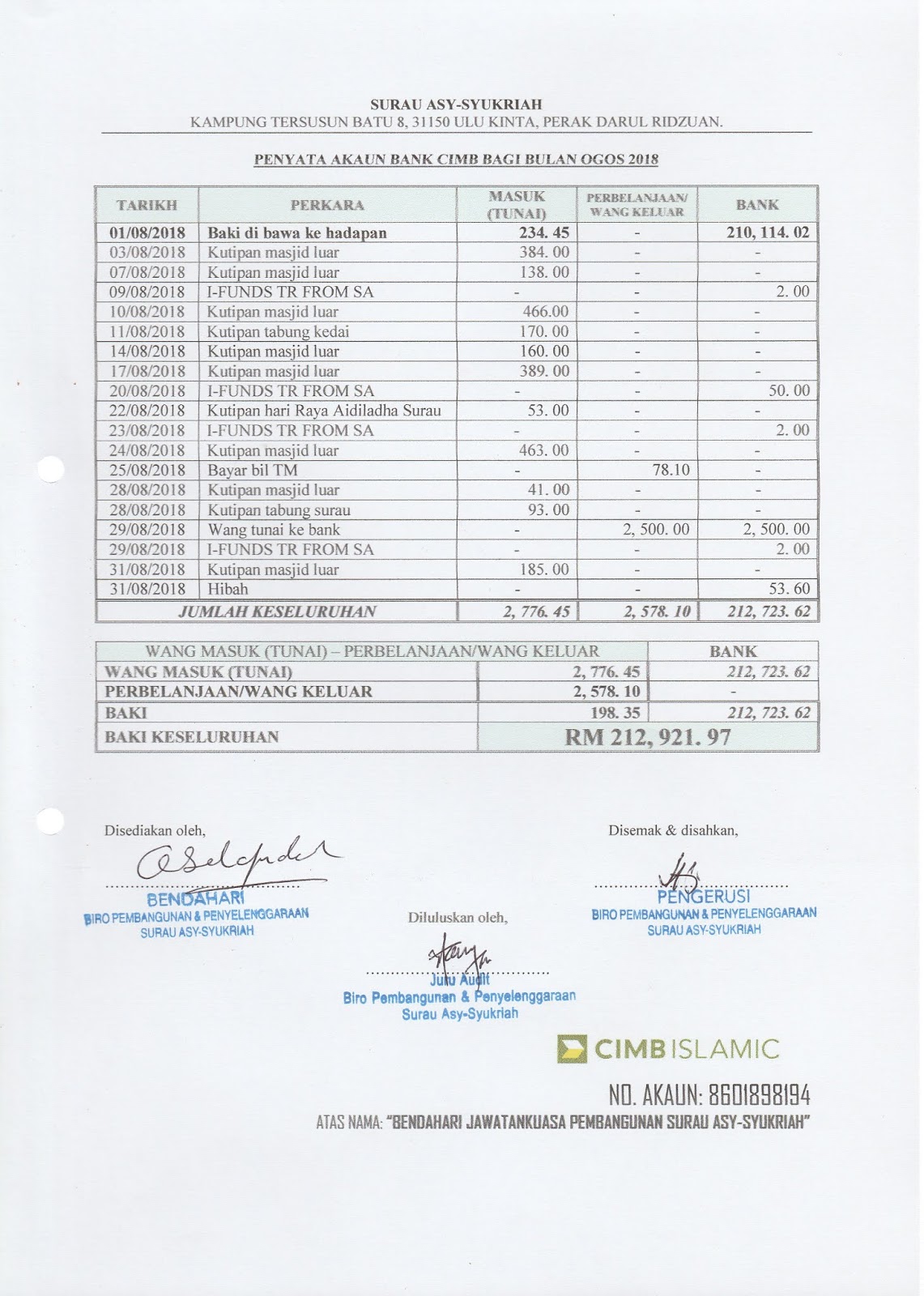 BIRO PEMBANGUNAN & PENYELENGGARAAN SURAU ASY-SYUKRIAH: PENYATA KEWANGAN ...