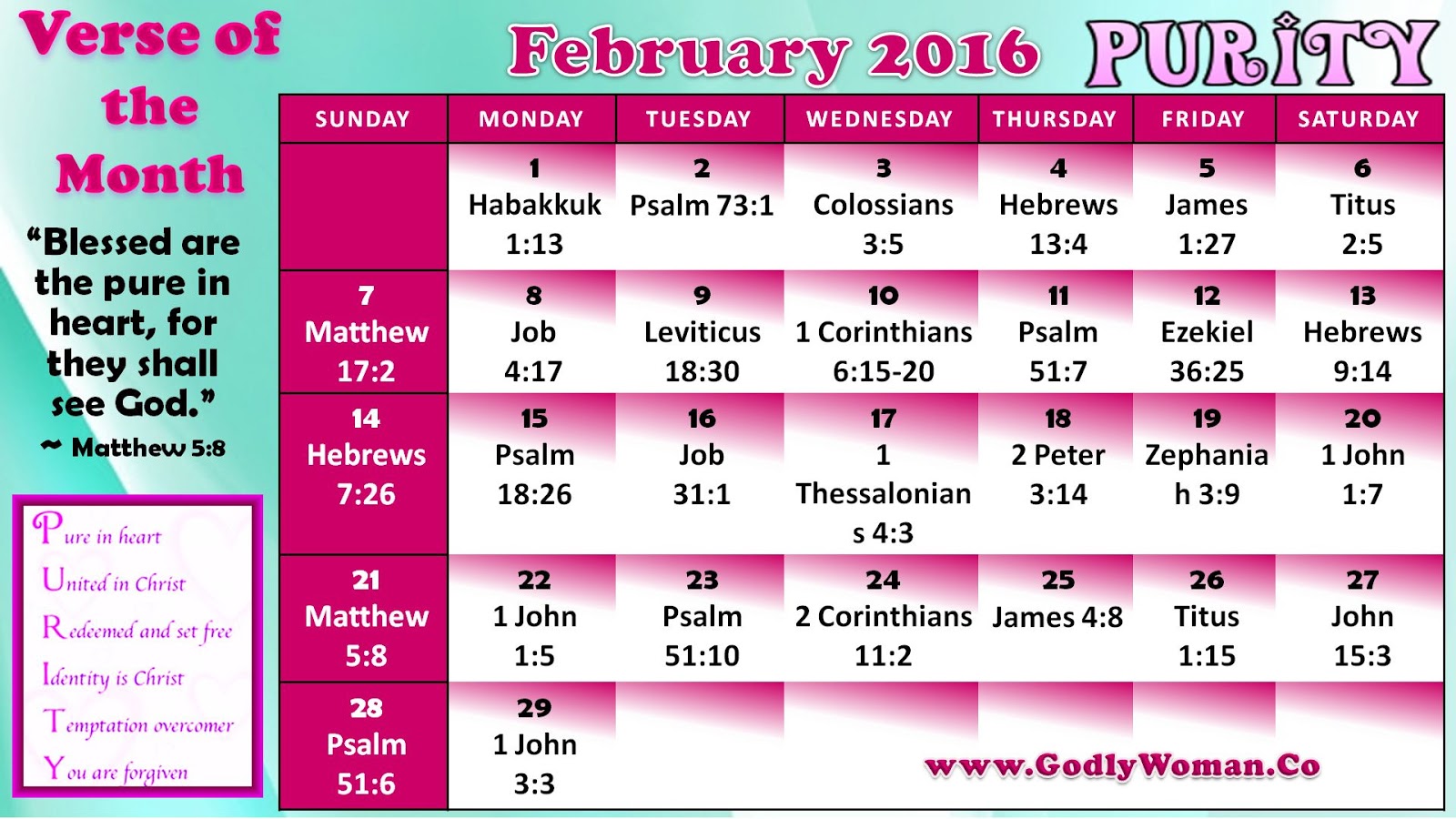 Godly Woman Daily Calendar - February 2016 - Printable Version