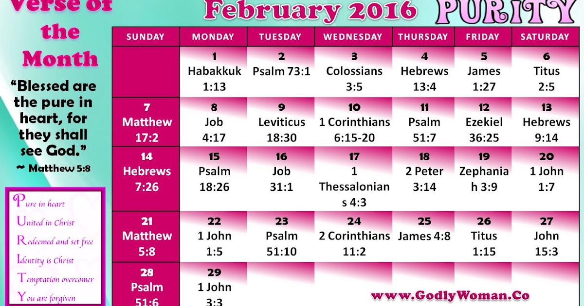Godly Woman Daily Calendar - February 2016 - Printable Version