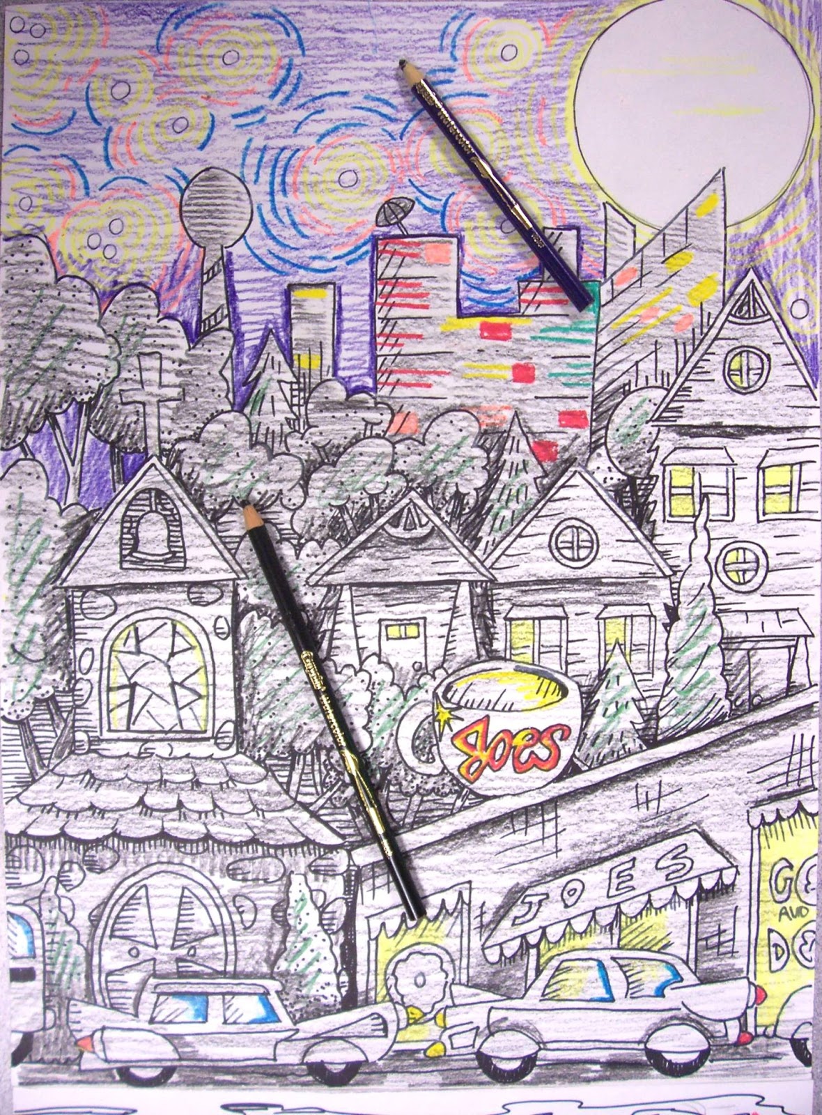 The Lost Sock : Nighttime Water Reflection-Crayon Resist