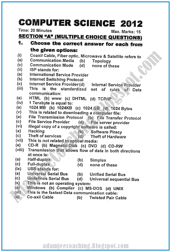 Adamjee Coaching Computer Science 2012 Past Year Paper Class Xi