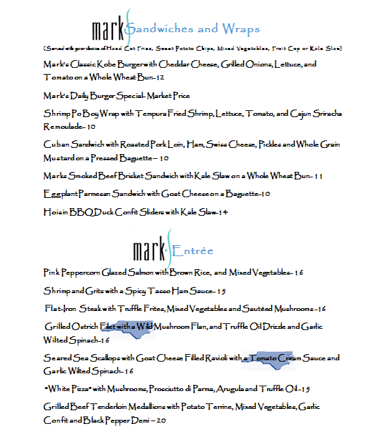Mark's Restaurant: Lunch Menu