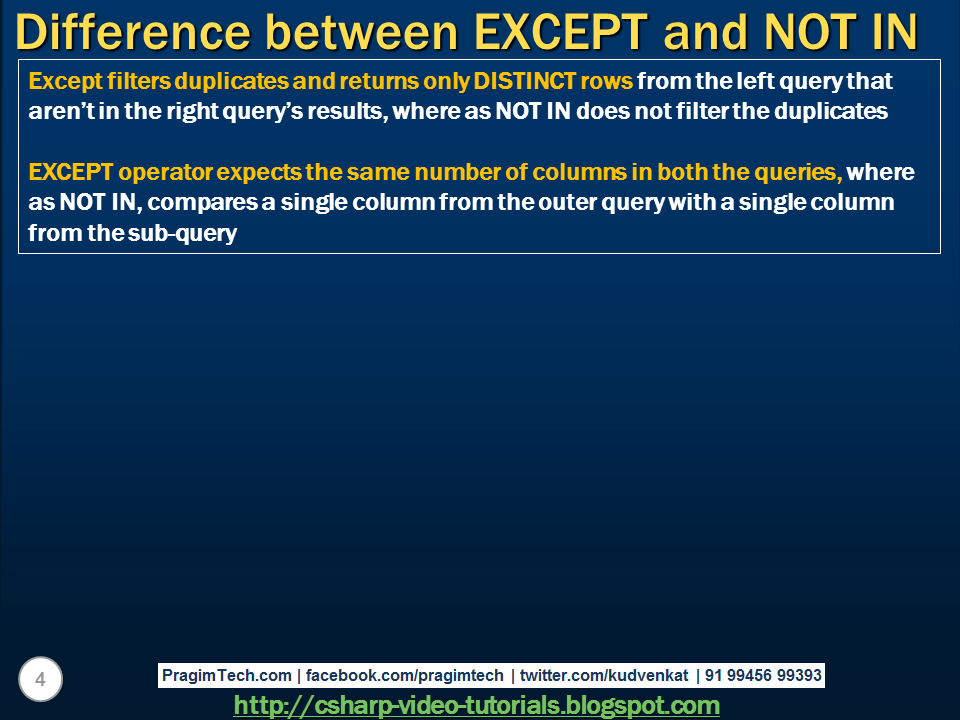 Sql server, .net and c# video tutorial: Difference between except and ...