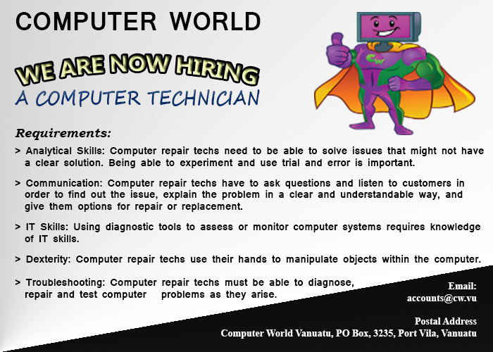 Wok i Kik - all the latest jobs jobs Vanuatu #wokikik: Computer Technician