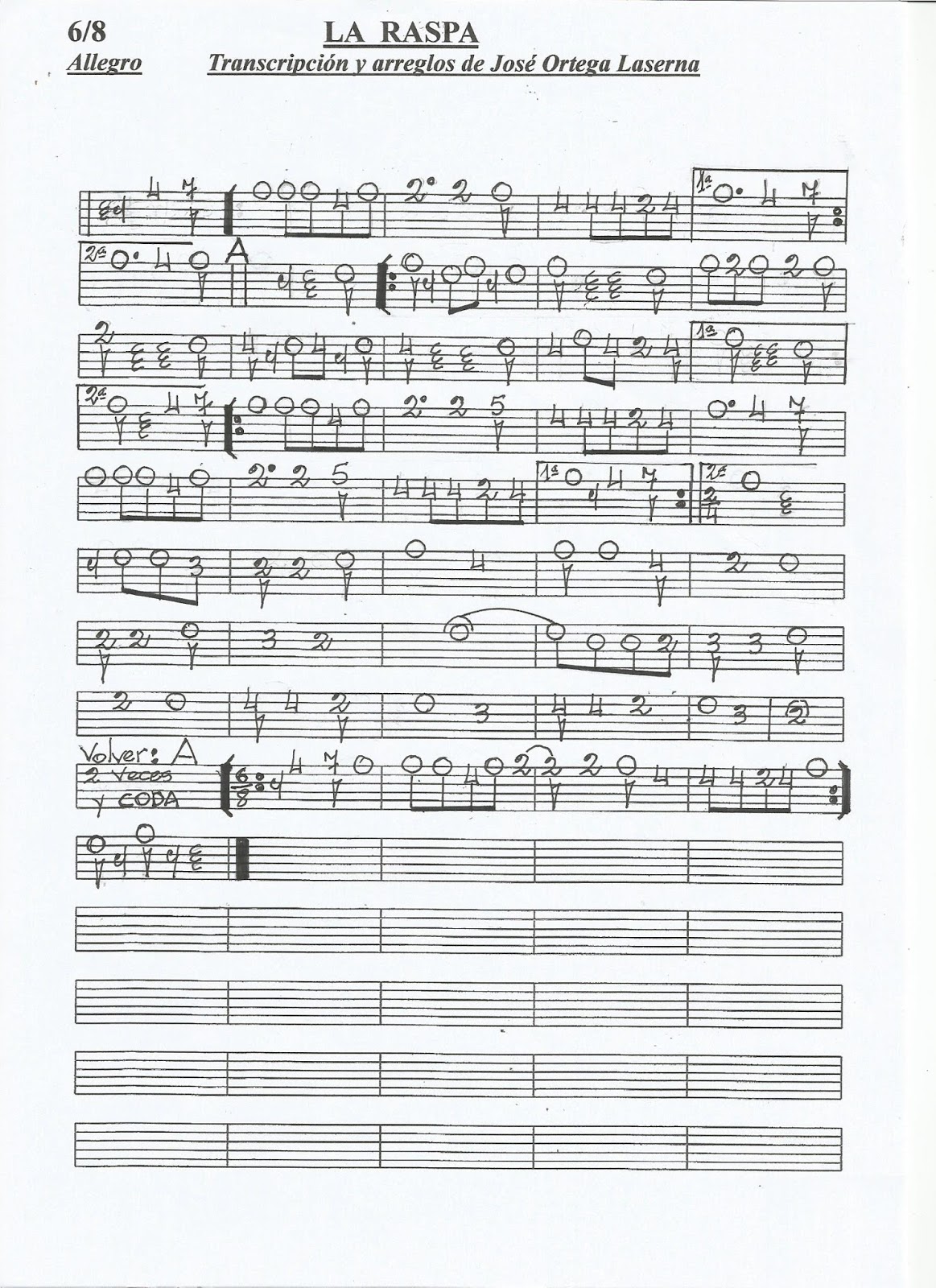 PARTITURAS EN CIFRA PARA BANDURRIA Y LAÚD DE JOSÉ ORTEGA LASERNA: LA RASPA