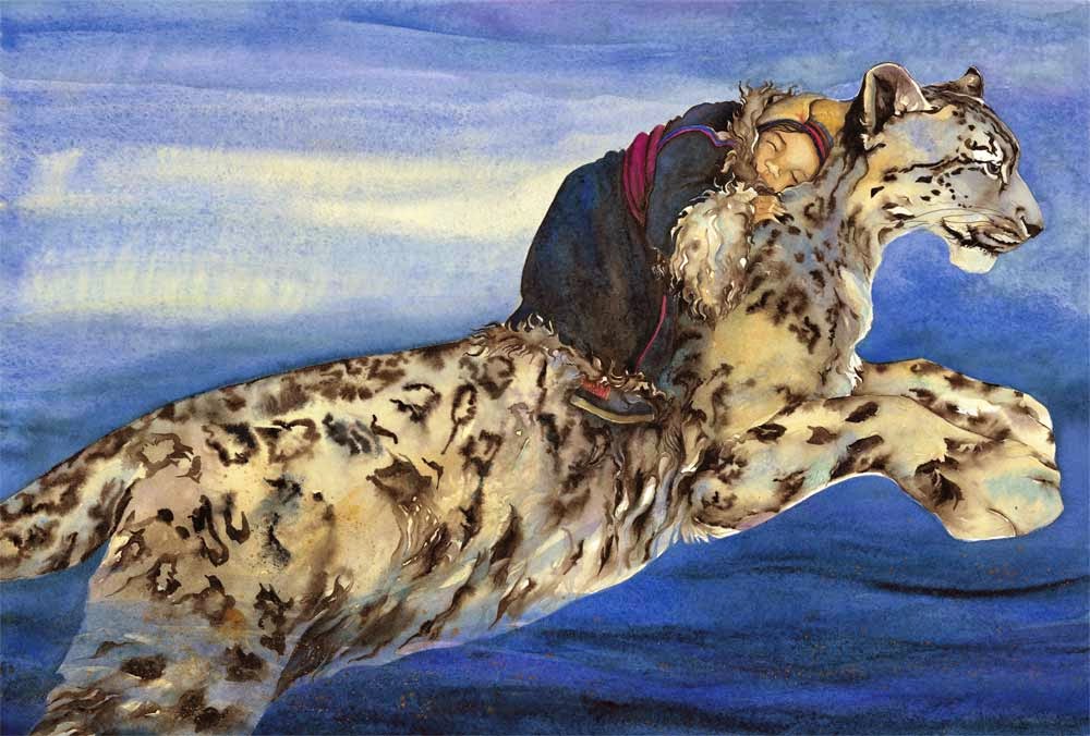 Edward de Gale, Toronto Pianist: Painting of a Kid riding a Snow Leopard