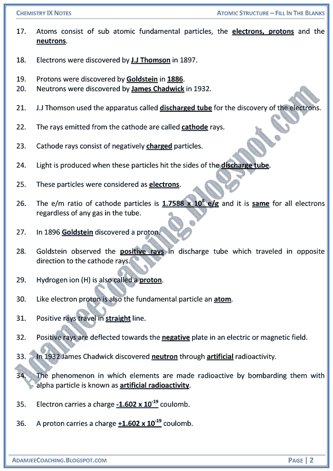 Adamjee Coaching: Atomic Structure - Fill in the Blanks - Chemistry IX