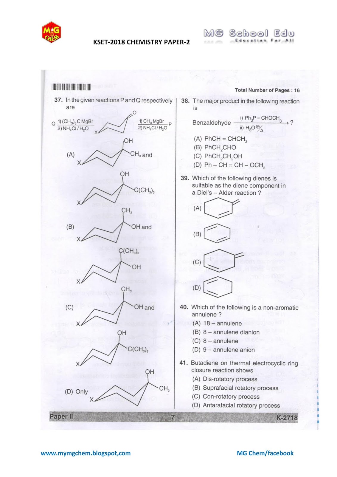 MG SCHOOL SCIENCE: KSET-2018 CHEMICAL SCIENCE QUESTION PAPER