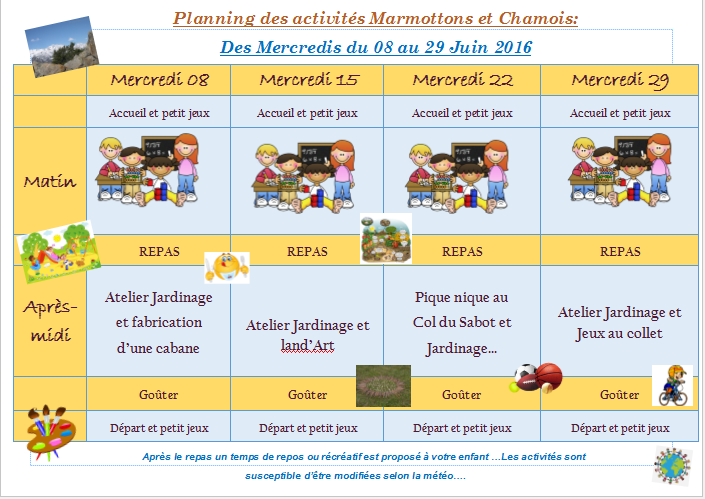 Pôle Enfance Vaujany: Planning activités du 27 Avril au 29 Juin 2016