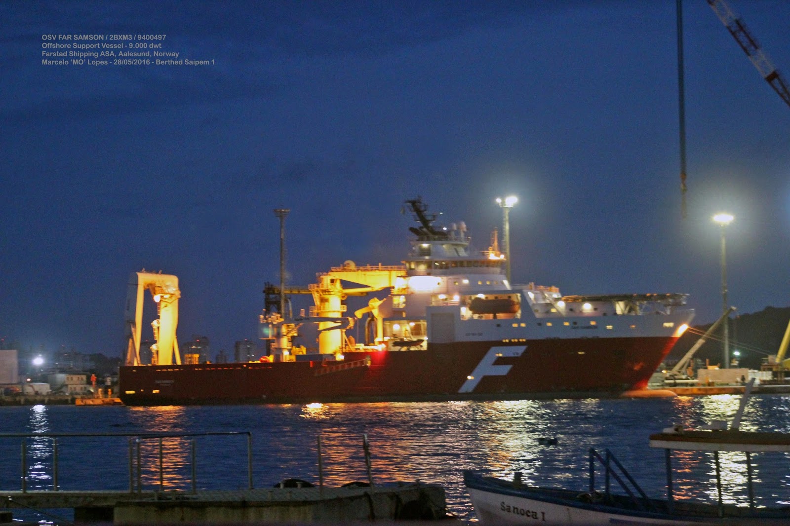 Santos Shiplovers: OSV Far Samsom / 2BXM3 - Berthed Sapiem, fotos noturnas
