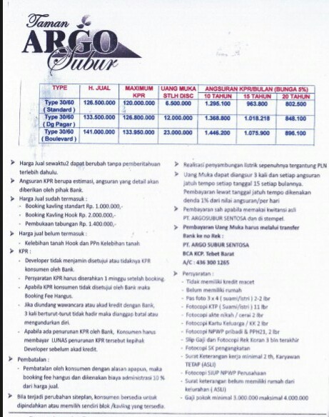 JUAL : TAMAN ARGO SUBUR ( 126, 5 JT) | DR Property