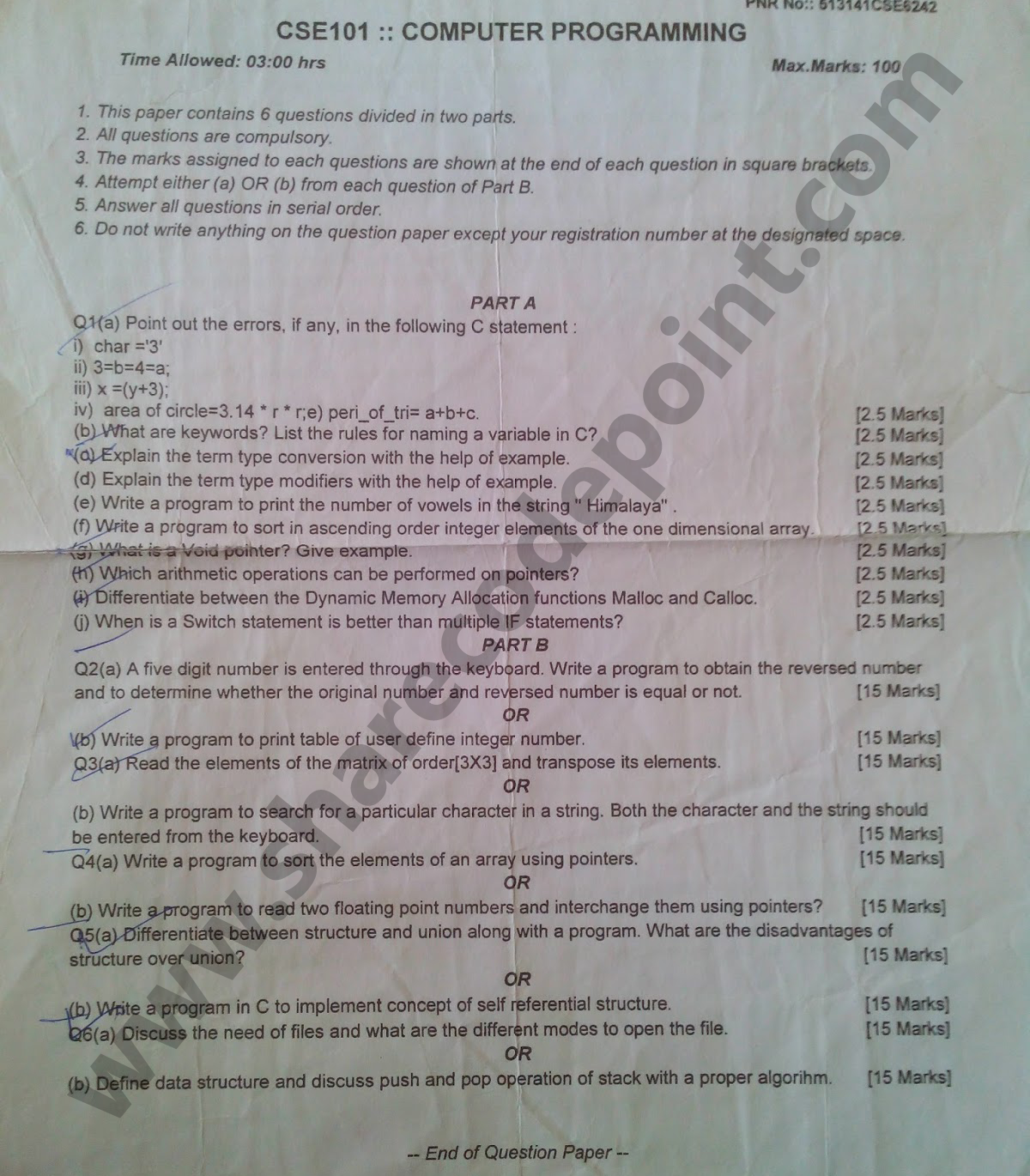 Cse101 Computer Programming Ete End Term Exam Question Paper Lpu