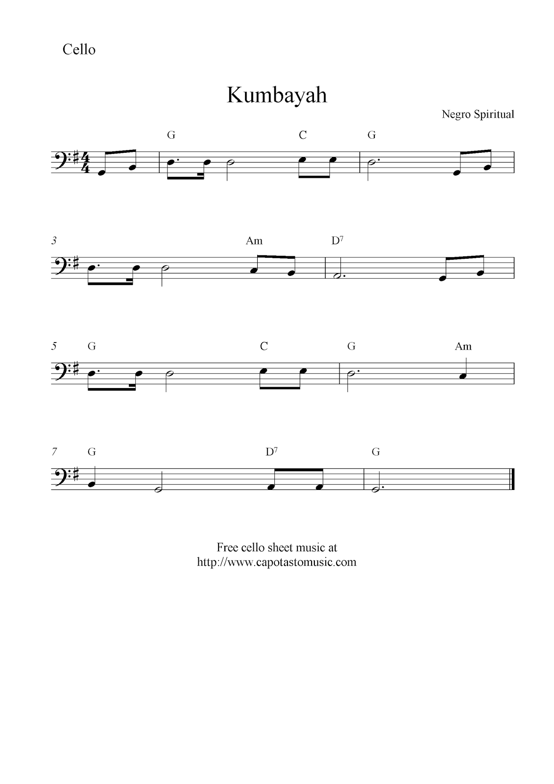 Kumbayah, free cello sheet music notes
