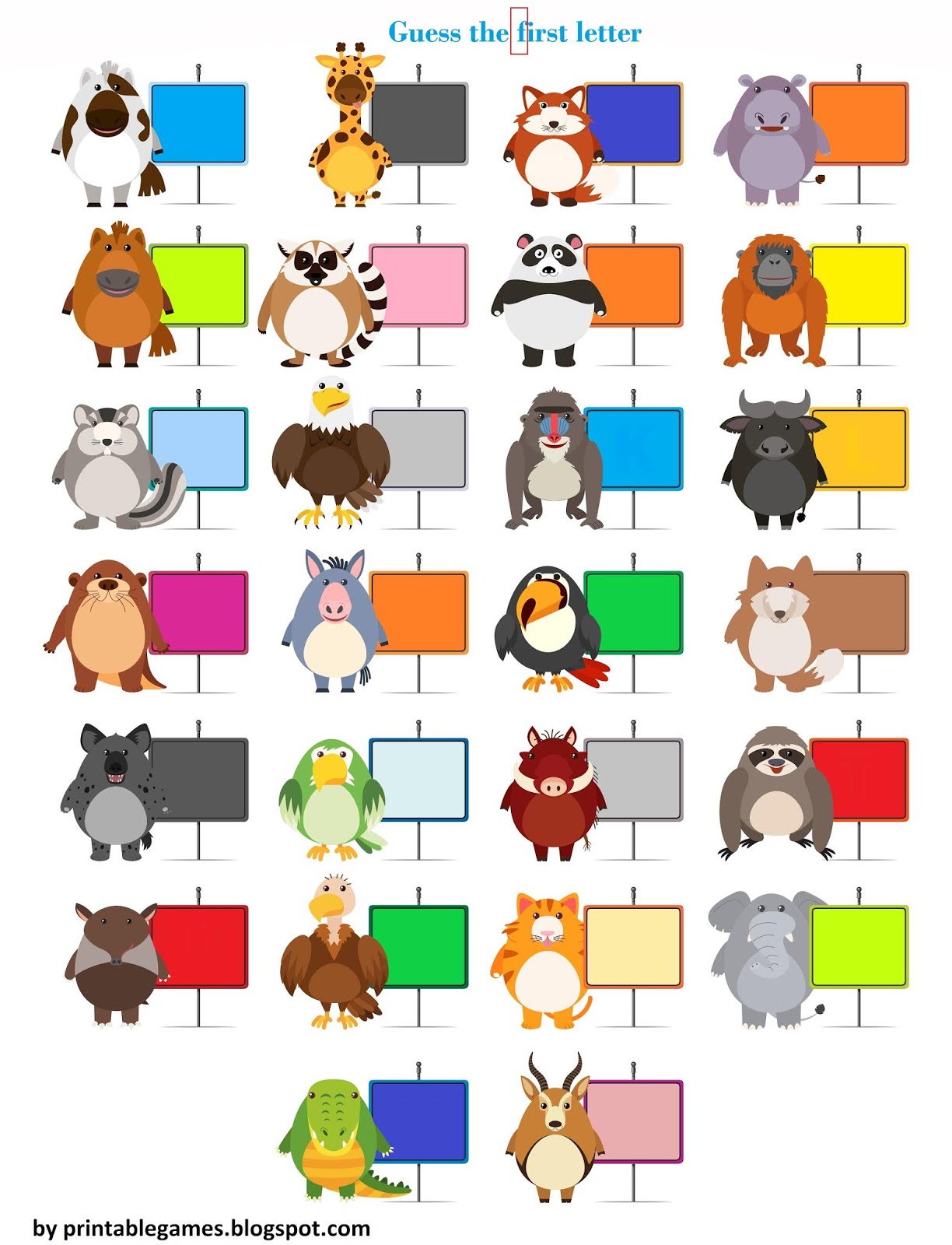 Gry jezykowe-printable games: Guess the first letter-animals-zwierzęta-gra