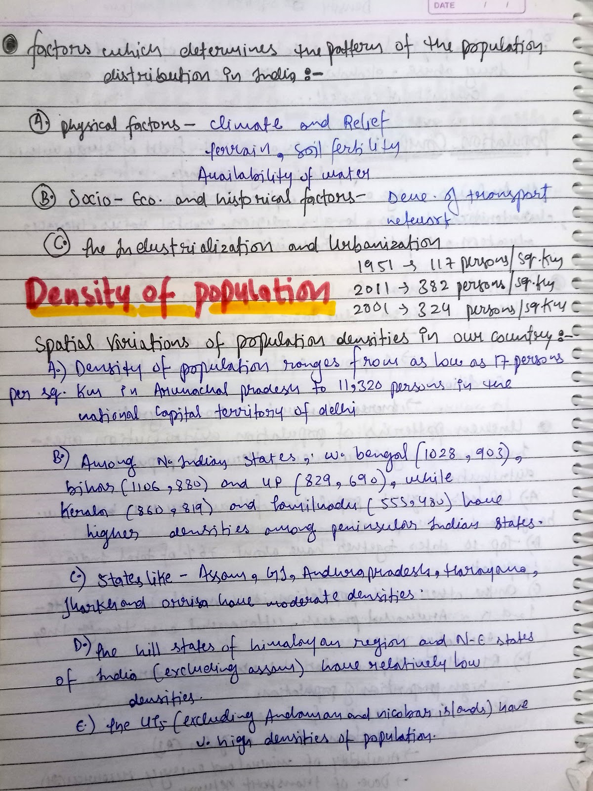 handwritten notes of Population- chapter 1 [geography] class 12th ...