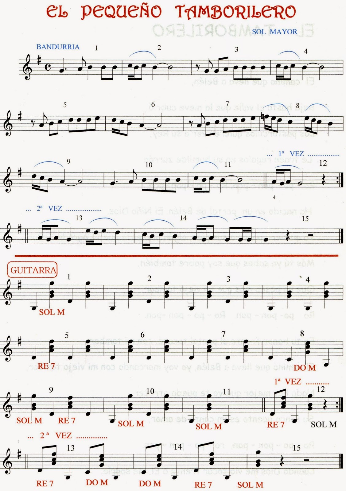 Acordes en mi: EL pequeño Tamborilero SOL MAYOR