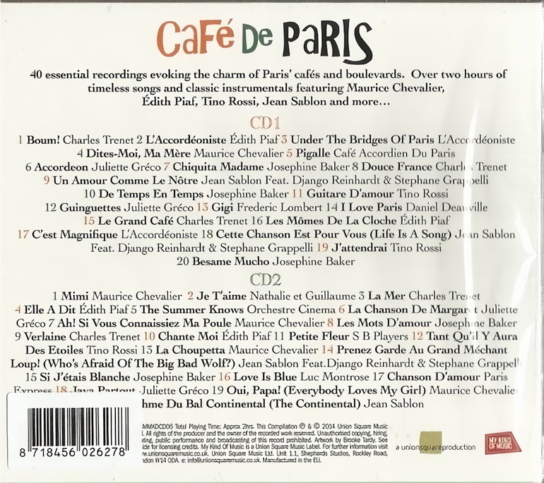 ENTRE MUSICA: CAFE DE PARIS - 40 Classic french café songs V.A. (2 CDs)
