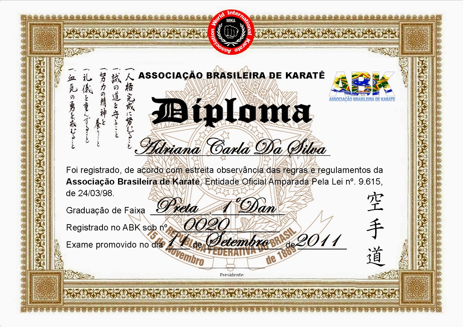 Associação Brasileira de Karate: Diploma WIKA - ABK