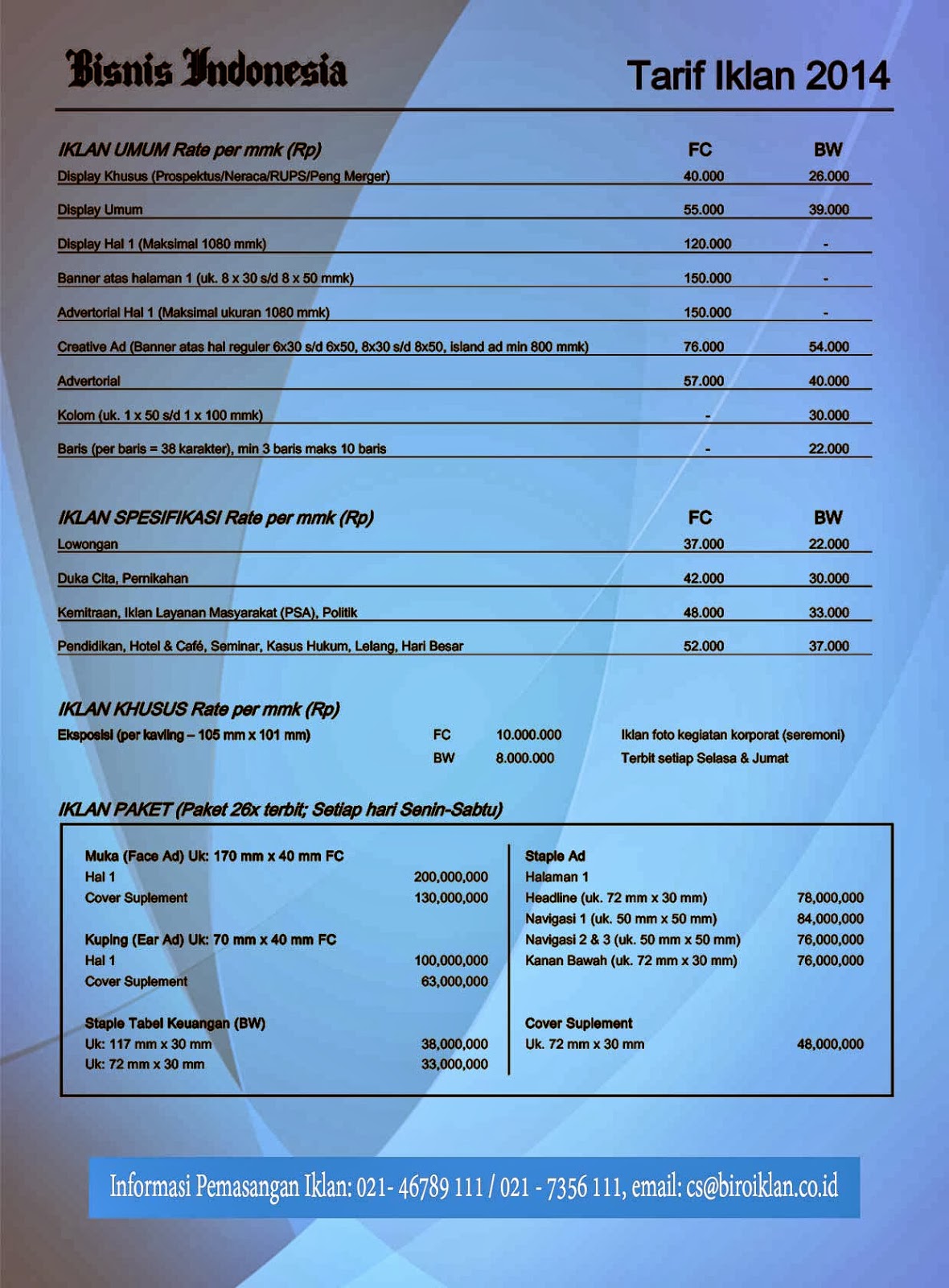 BIRO IKLAN KOMPAS RESMI: RATE CARD HARGA IKLAN BISNIS INDONESIA